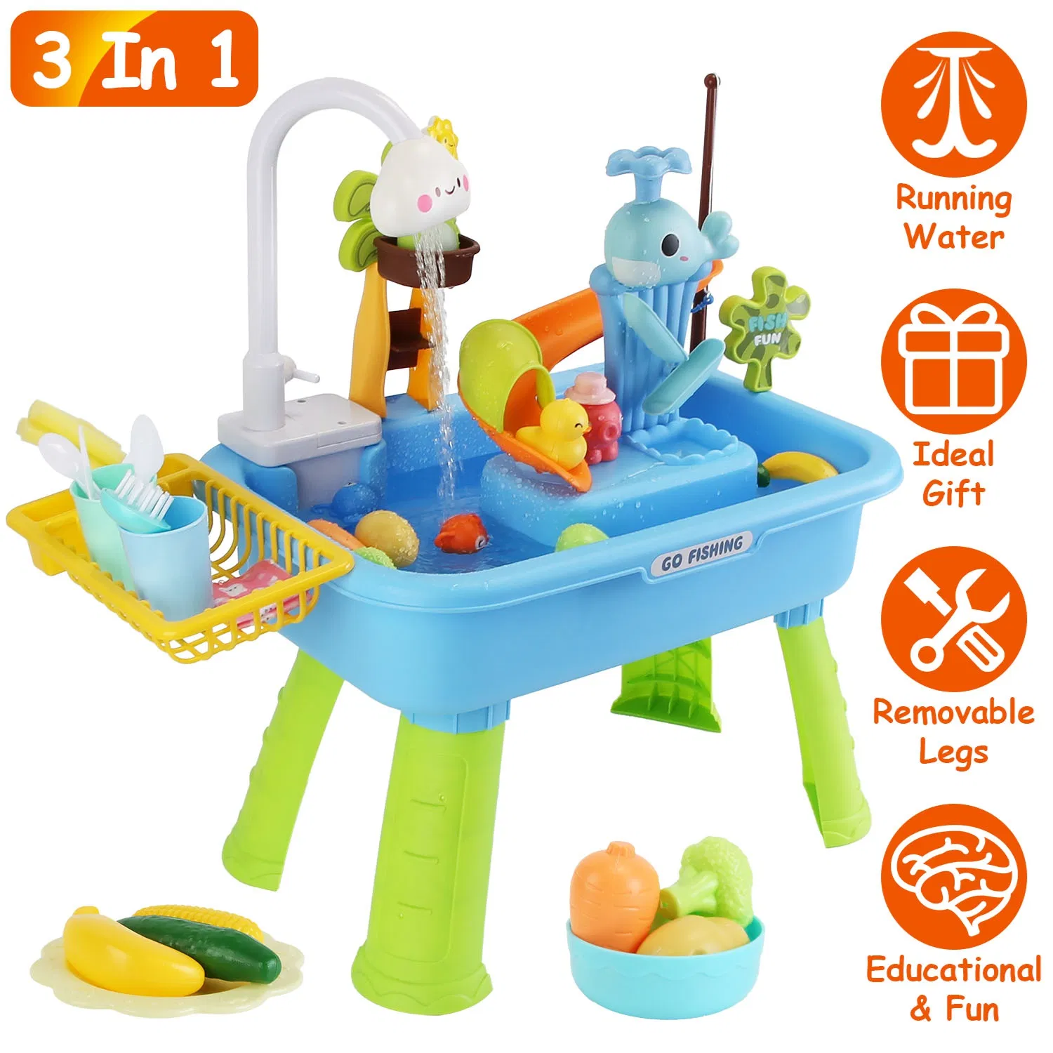3 In 1 Kitchen Sink Toy With Electric Faucet Water Table Fishing Game ...